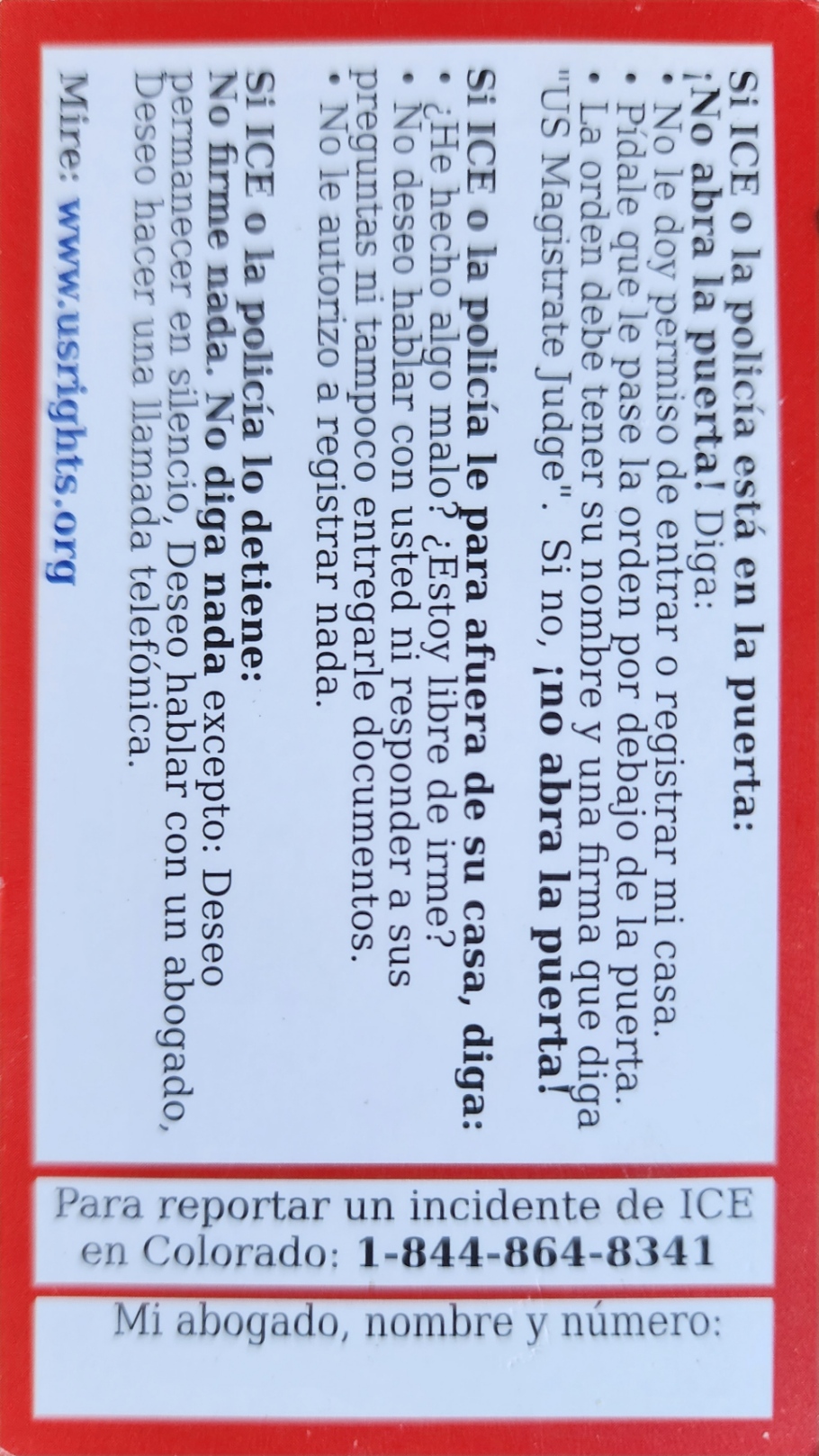 Red Cards - Know Your Rights Cards (English/Spanish)